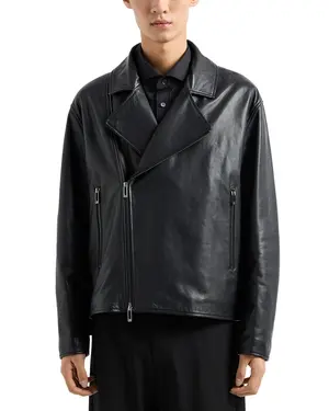 Emporio Armani Asymmetrical Leather Biker Jacket - Black Beauty